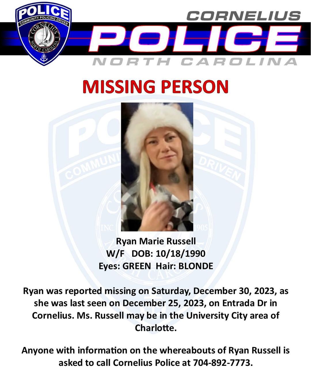 Missing person: Ryan Marie Russell, 33 | Cornelius Today